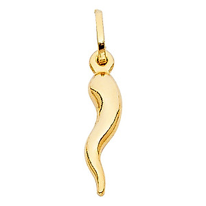14K Yellow Gold Cornicello Italian Horn Necklace Good Luck Charm Pendant with 1.2mm Singapore Chain Necklace - 24"