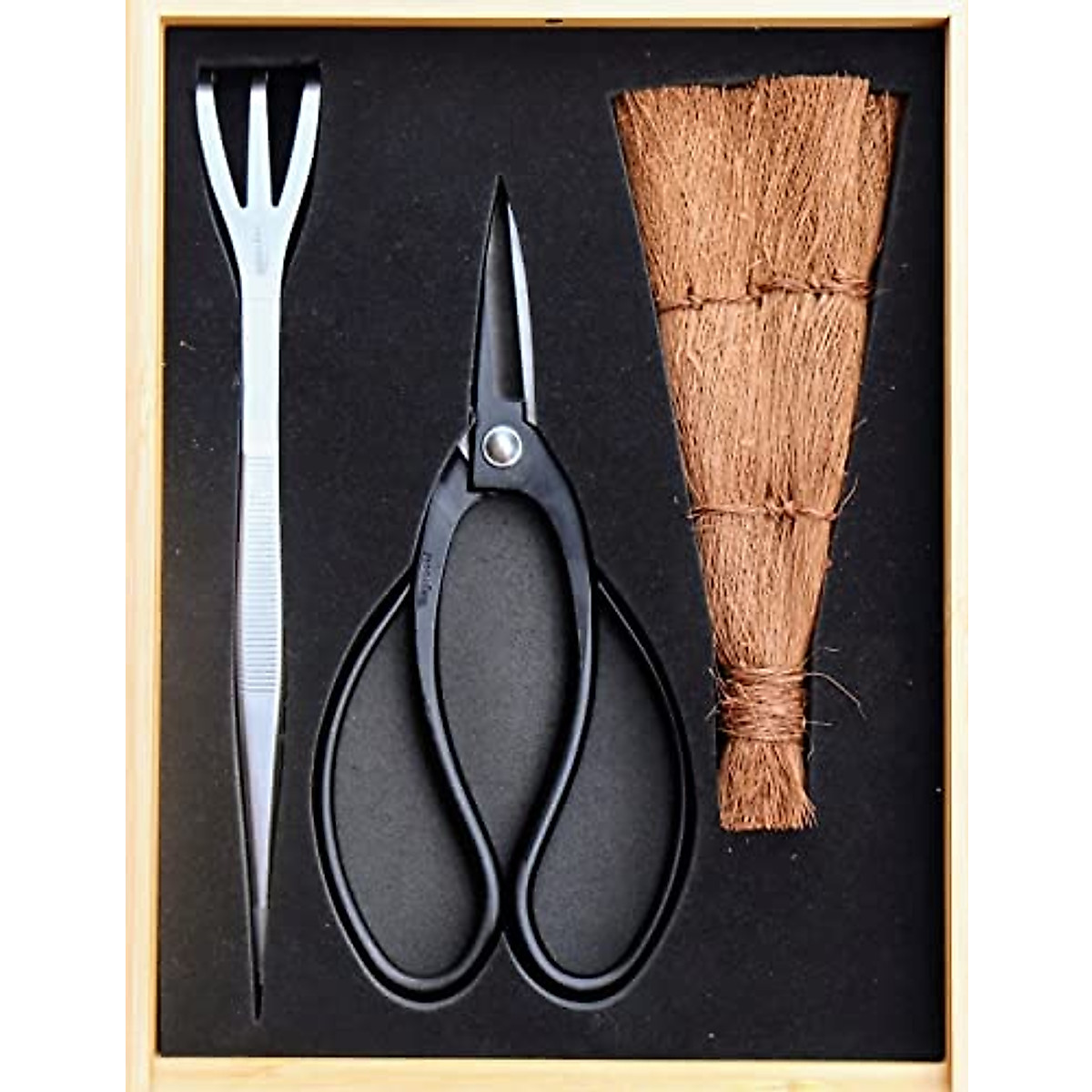 Tinyroots Tool Kit for Bonsai - 3 Piece Set Includes: Traditional Butterfly Shaped Bonsai Shears, Genuine Japanese Hemp Broom, Three Pronged Rake & Bamboo Storage Case + Bonsai Tools