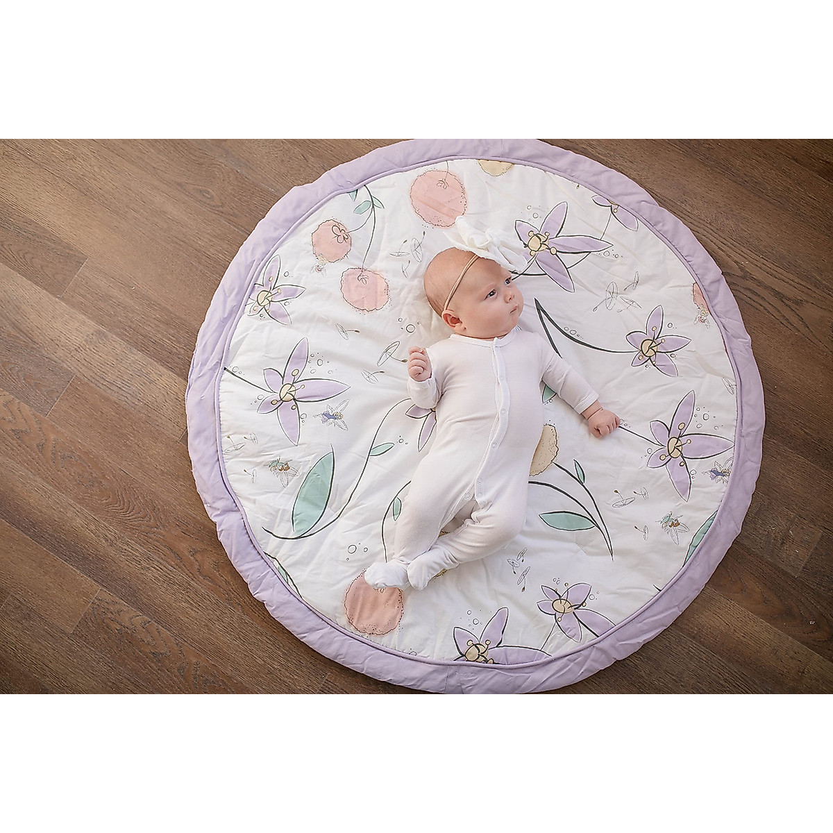 JumpOff Jo – Baby Quilted Floor Mat for Tummy Time Play, Soft & Safe Crawling Mat for Babies, 36" Portable Baby Play Mat for Playdates, Traveling - Fairy Blossom Pink
