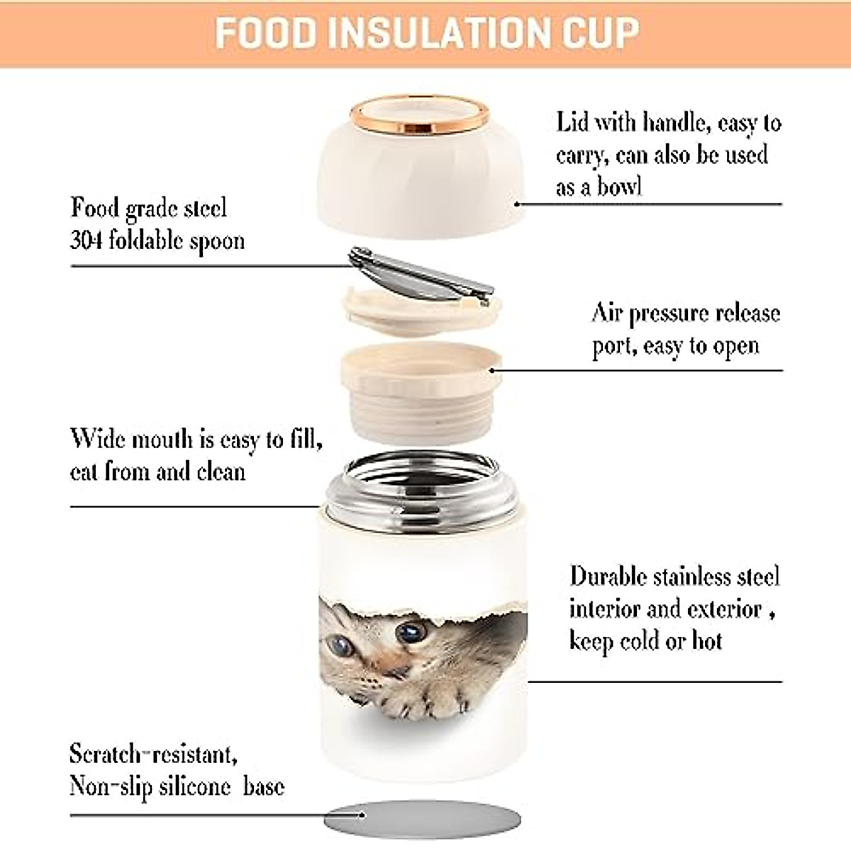 CUPADA Cat Torn Paper Food Jar, Funny 3d Insulated Hot Food Jars Vacuum 17OZ with Folding Spoon for Work Trip Picnic Camping
