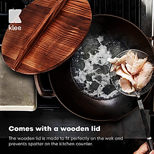 Klee Pre-Seasoned Cast Iron Wok Pan with Wood Wok Lid and Handles - 14" Large Wok Pan with Flat Base and Non-Stick Surface for Deep Frying, Stir-Frying, Grilling, Steaming - Stovetop and Oven Safe
