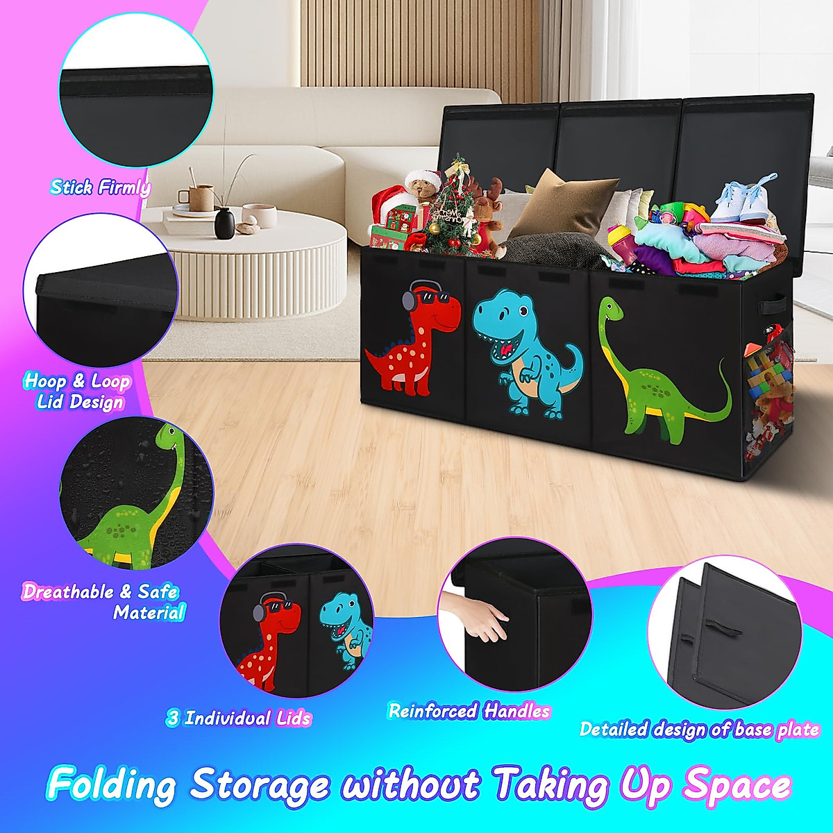 Extra Large Toy Box, Collapsible Sturdy Toy Storage Organizer with Lids, Dinosaur Toy Box for Boys Girls, 40"x16"x16" Kids Toy Chest Bin Box Baskets for Living Room, Playroom, Bedroom, Nursery, Black