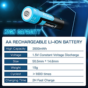 Kratax AA Rechargeable Batteries 3500mWh High Capacity Double A Lithium Battery 1.5V Constant Voltage Output, 1600Cycles, for Xbox Controller,Toys,Remote Controls,Flashlight-14 Pack AA Batteries