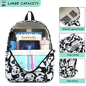 Fuyicat Panda School Backpack Set for Girls, 3-in-1 Kids Teens Elementary Middle School Bags Bookbag with Lunch Bag Pencil Case
