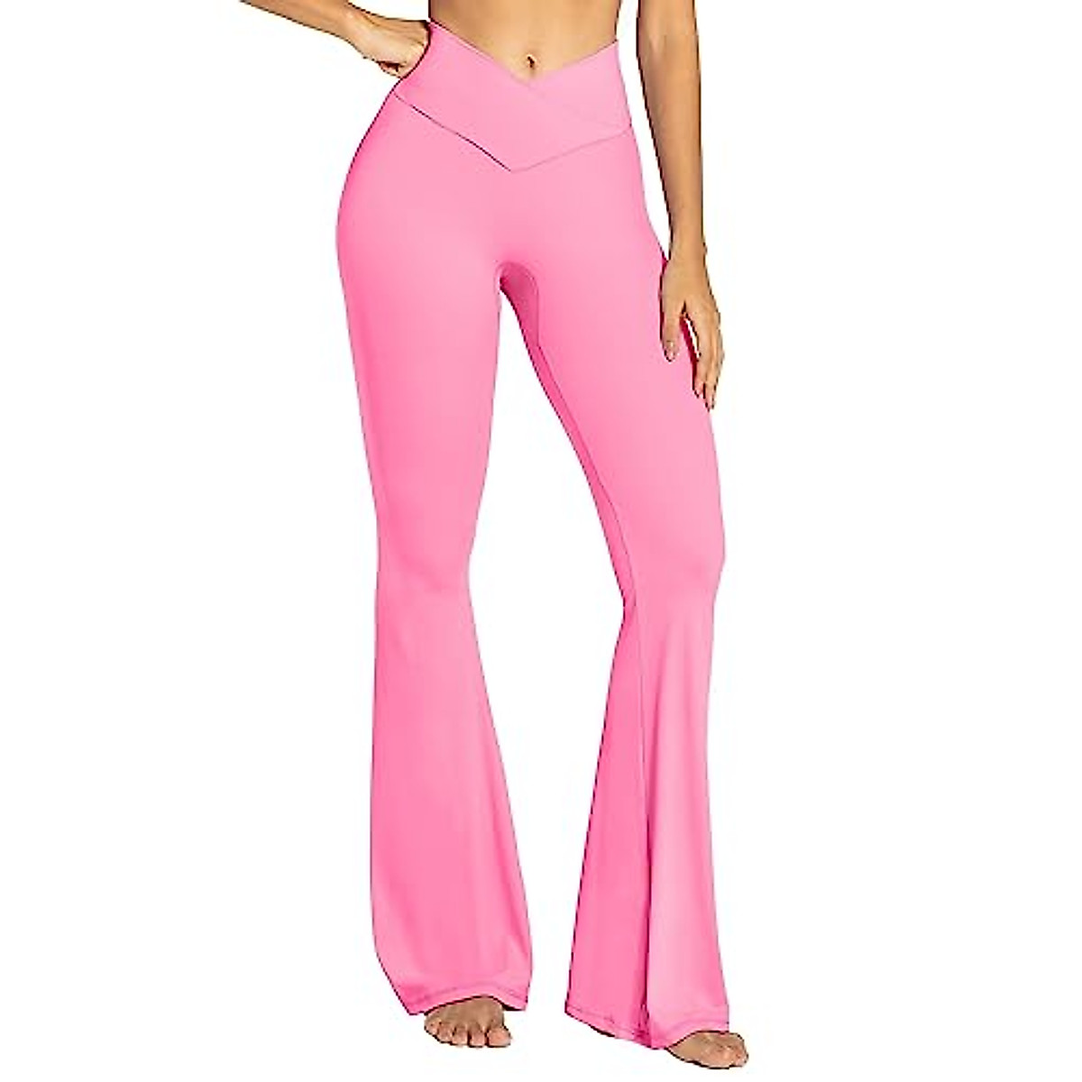 Sunzel Flare Leggings, Crossover Yoga Pants with Tummy Control, High Waisted and Wide Leg, No Front Seam Bubblegum Pink Medium 34" Inseam