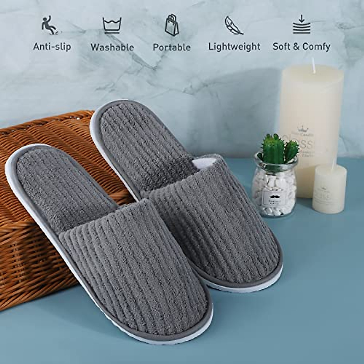 ELCOHO 12 Pairs Closed Toe Spa Slippers Coral Fleece Washable Disposable Home Slippers for Women Men Guests Hotels House Slippers Housewarming Indoors Bathroom Party Traveling, Grey