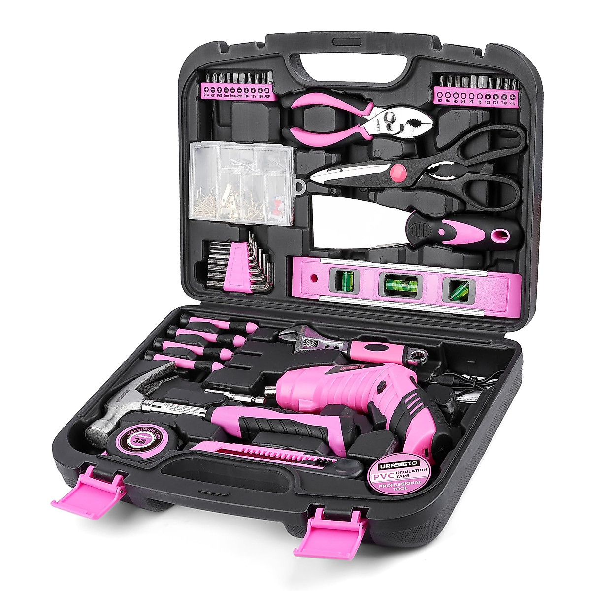 URASISTO Pink Household Tool Set with 3.6V USB Electric Screwdriver, 136 PCS Home Tool Kit with Cordless Lithium-ion Drill Driver, Hand Tool Kits for Women