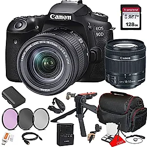 Canon EOS 90D DSLR Camera w/EF-S 18-55mm F/4-5.6 Zoom is STM Lens + 128GB Memory + Case + Filters + Tripod + 3 Piece Filter Kit + More (24pc Bundle)