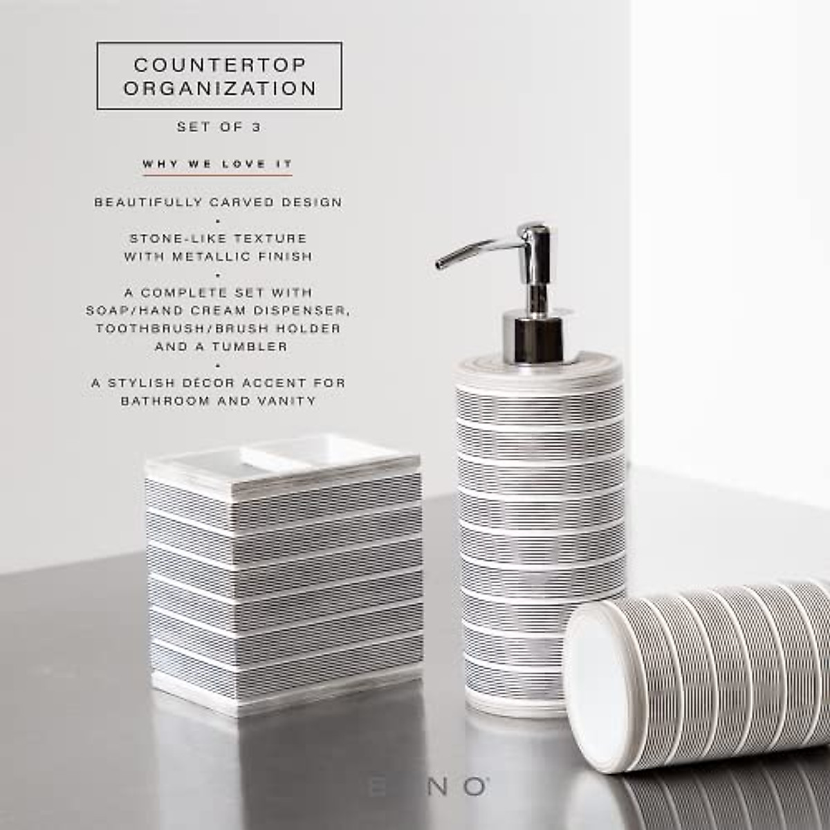 BINO Bathroom Accessories Set - Grey | Soap Dispenser | Toothbrush Holder | Tumbler | 3-Piece Bathroom Organizer Countertop Set | Bathroom Decor | Home Decor | Bathroom Set