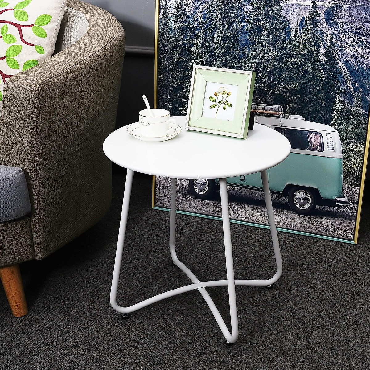 CaiFang Patio Side Table, Outdoor Metal End Table Small Round Side Table Waterproof Portable Coffee Table for Garden, Porch, Balcony, Yard, White