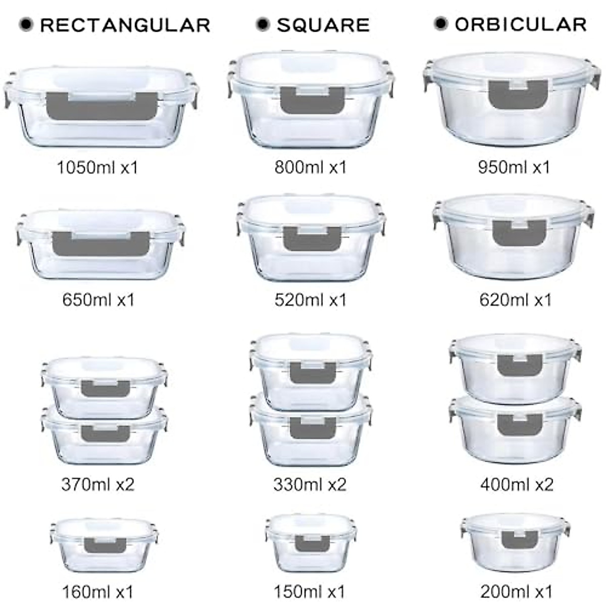 stusgo Glass Food Storage Container Set, Leak Proof Glass Meal Prep Containers Lunch Food Storage with Lids Airtight Storage for Kitchen Organization (grey, 15 pack)