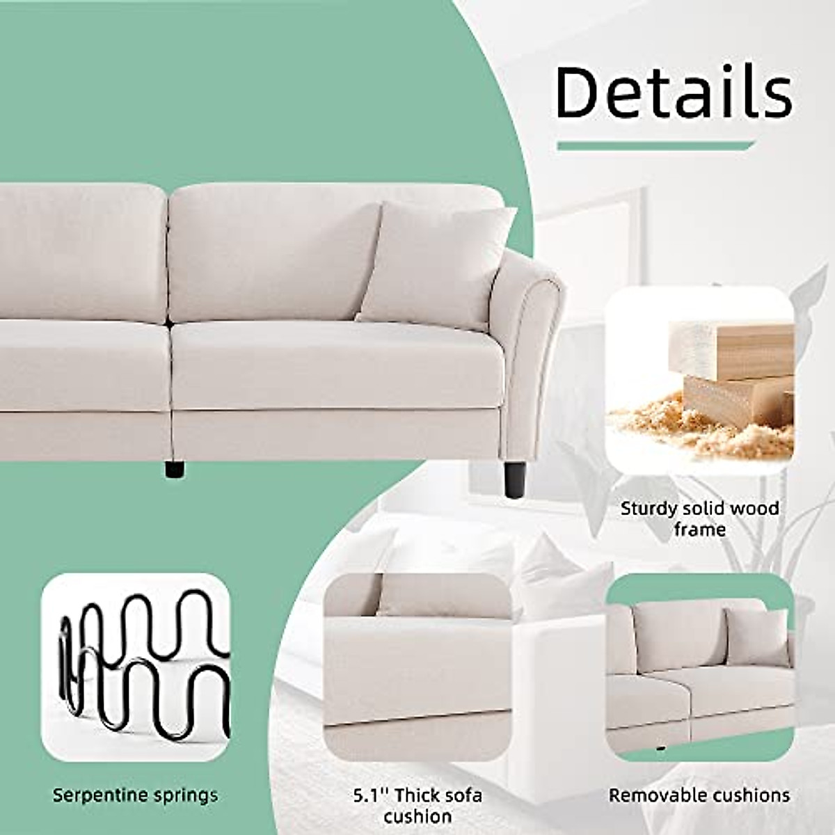 Vongrasig 87.4" Loveseat Sofa, Mid Century Modern Linen Fabric 3-Seater Love Seat Couch with Curved Armrest for Living Room, Bedroom, Apartment and Small Space (Beige)