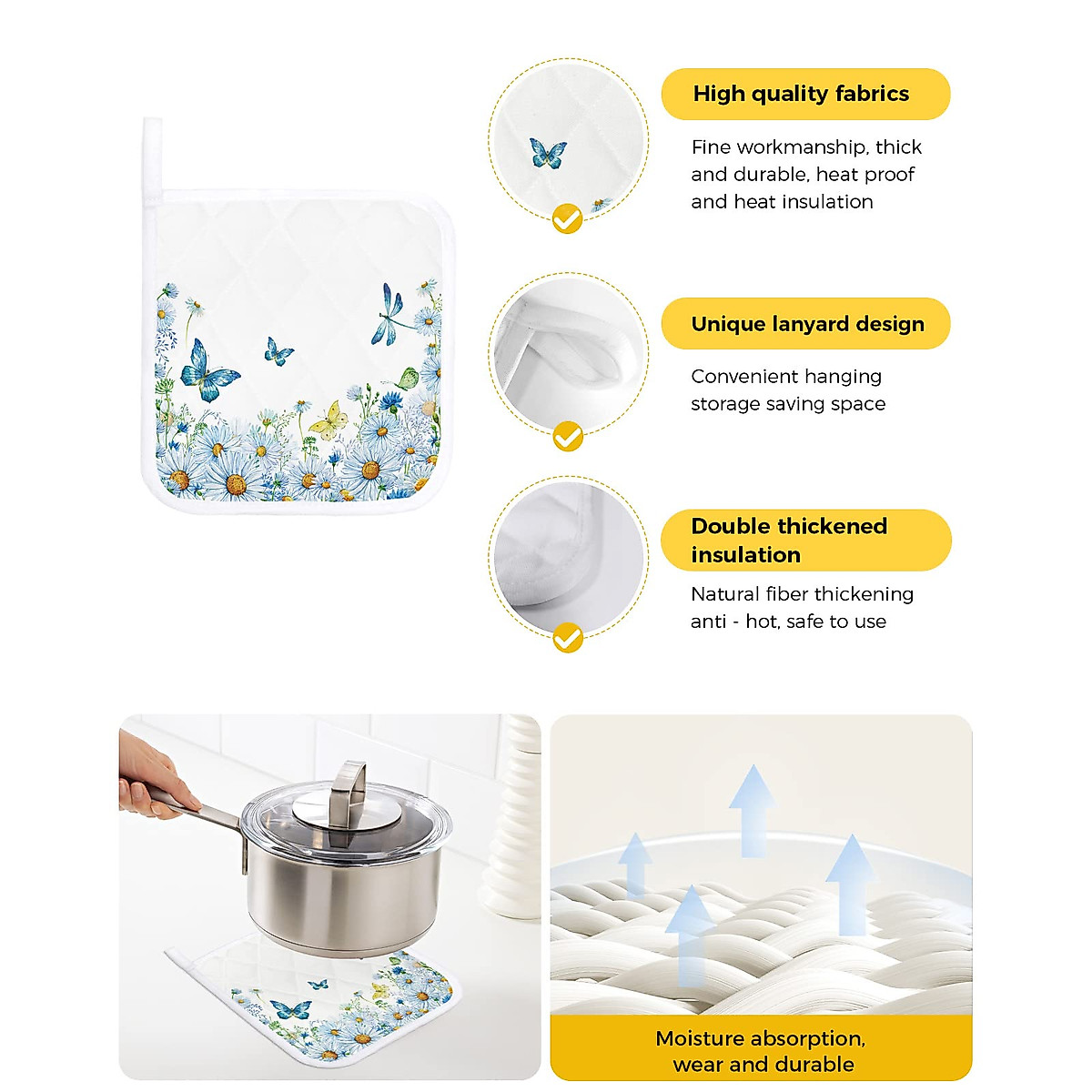 Pot Holder Set of 5 Pastoral Butterfly Dragonfly Daisy Flower Potholder Heat Proof Non-Slip Pot Holders,Blue Gradient Art Hot Pads Potholders for Kitchen Cooking Baking BBQ