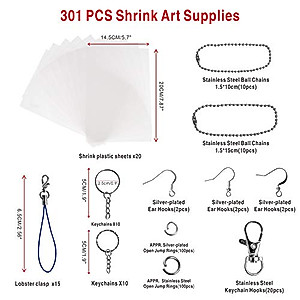 BAPHILE Shrinky Dink,301PCS Shrink Art Plastic Sheets Kit Include 20PCS Clear Frosted Heat Shrinky Paper with 281PCS Keychains Accessories for Adults Kids Creative Craft School Project
