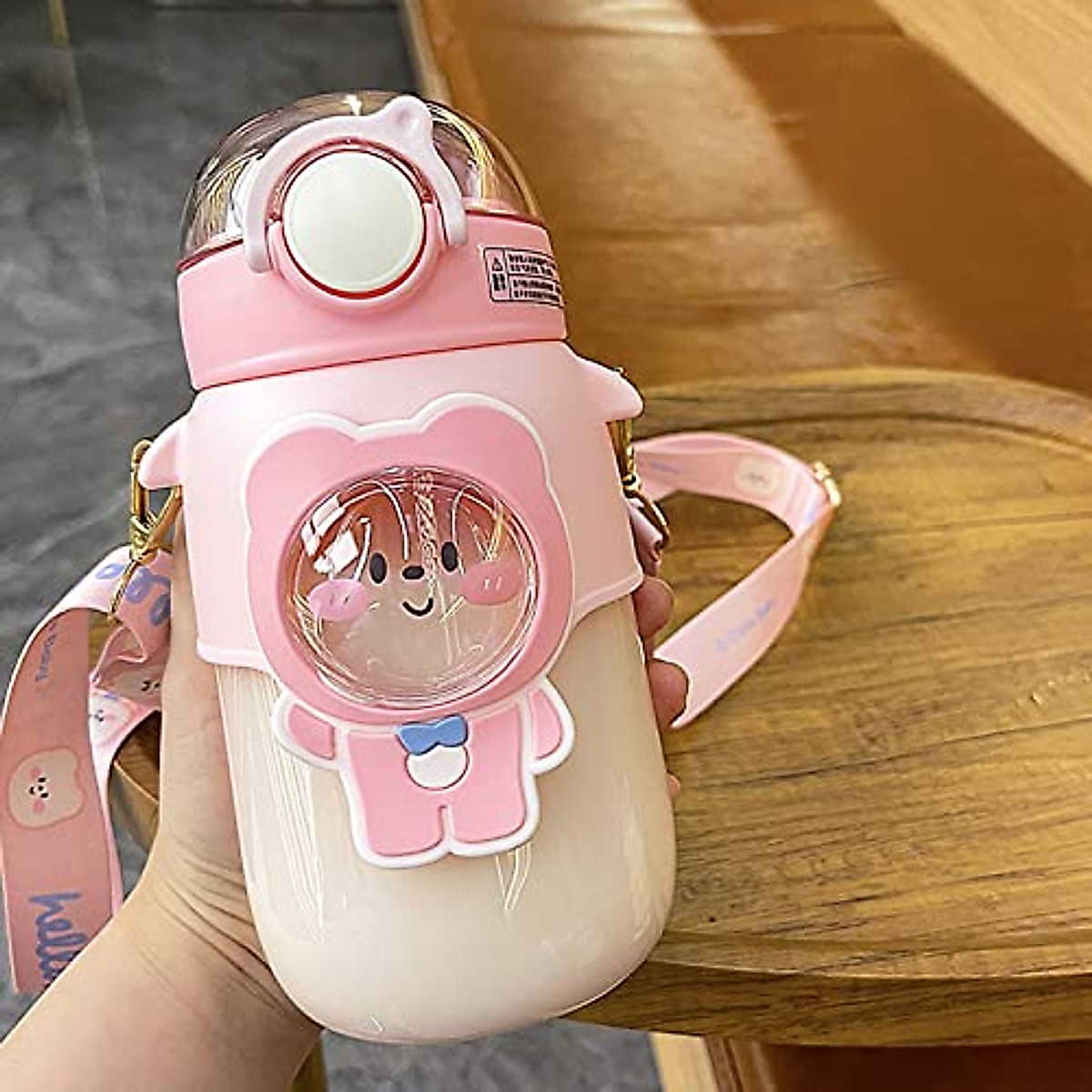 JQWSVE Kawaii Water Bottle with Straw, 24oz Kawaii Bear Water Bottle BPA-Free, Leak-Proof Cute Water Bottles Anti-Drop Cartoon Bear Shaped Bottle for Boys Girls Travel Home School, Pink