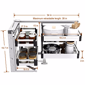 WYJF Blind Corner Cabinet Pull Out 15 Inch Opening,Blind Corner Cabinet Organizer,Corner Optimizer,Chrome Blind Corner Soft Close,Blind Corner Cabinet Pull Out Left Right