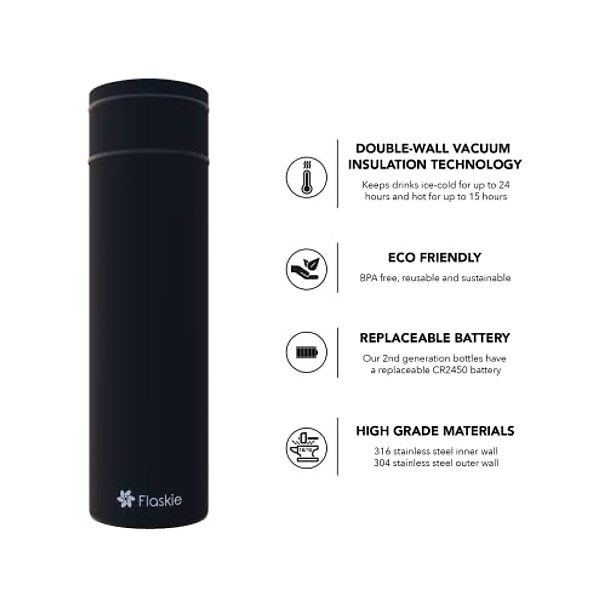 Flaskie Smart Flask (2nd Generation) | 17 Oz | BPA-Free Stainless Steel | Reusable Water Bottle | Replaceable Battery | Double Walled Vacuum Insulated | Keeps Hot for 15 Hrs, Cold for 24 Hrs (Black)