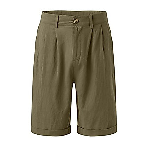 Mens Shorts Elastic Waistband White Linen Pants Men 2023 Casual Buckle Zipper Summer Beach Shorts Classic-Fit Pleat Front Shorts with Pockets Men Shorts Pack Long Army Green S
