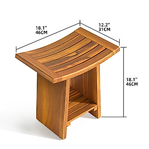 DWVO Teak Shower Bench with Storage Shelf for Shaving Legs Foot Rest, 18'' Solid Wood Shower Stool Bath Wooden Seating Bench for Shower with Non-Slip Feet, Easy Assembly for Indoor and Outdoor Use