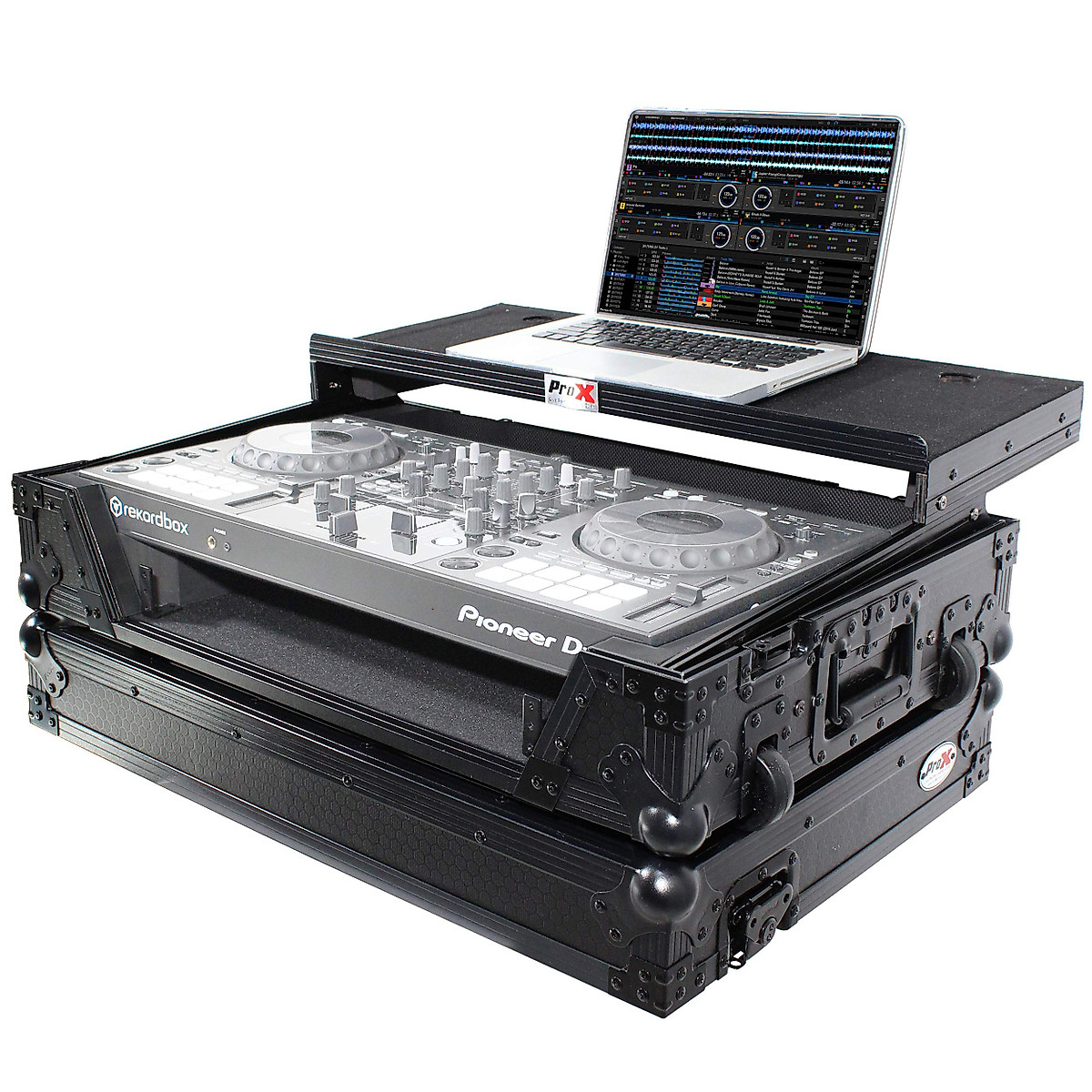 ProX XS-DDJ800 WLTBL Flight Case For Pioneer DDJ-800 Digital Controller W-Sliding Laptop Shelf and Wheels & 1U Rackspace-Black on Black