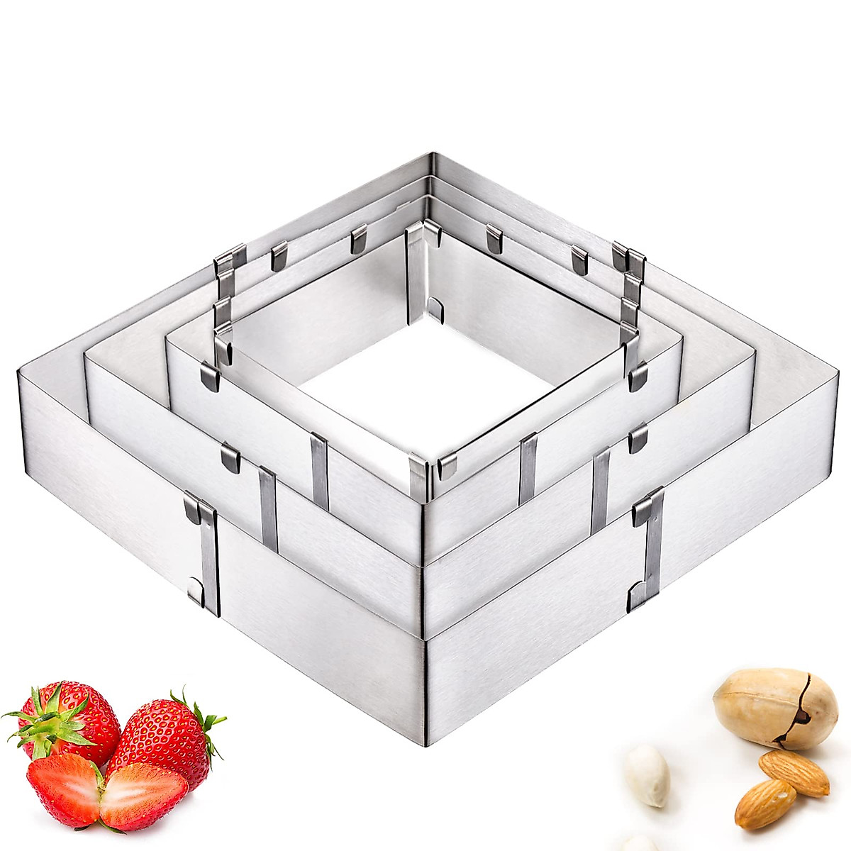 YOUEON 4 Pack Square Cake Molds Ring Adjustable from 6" to 11", Stainless Steel Mousse Cake Ring, Baking Molds, Pastry Making Tool for Birthday Cake, Party Dessert, Handmade Snack