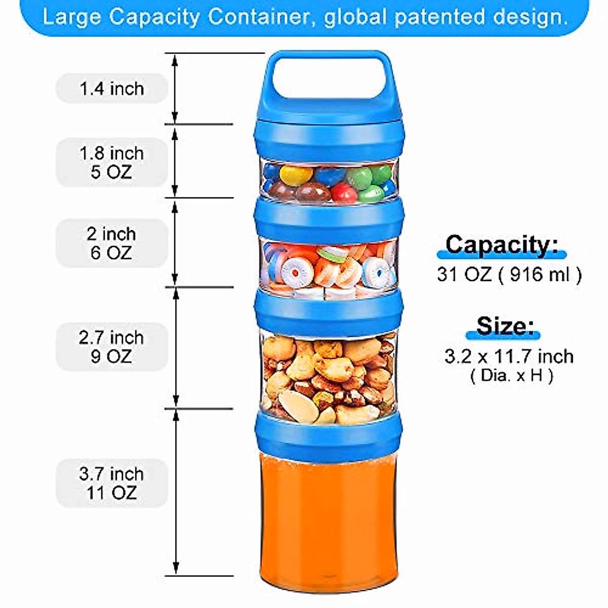 Dolibest stackable snack containers, Twist Lock Stackable Snack Jars, Stackable Containers Set for Storing Milk, Protein Powder, Snacks, Nuts, BPA Free, 4-Piece (Blue, 31oz)