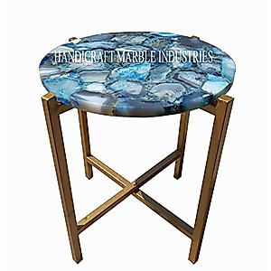Blue Agate Round Table Top 18" x 18" Inch With Metal Stand, Blue Agate Side Table And Stand, Customized Blue Agate Table, Agate Stone Round Table, Family Heir Loom, Piece Of Conversation