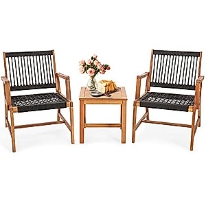 Tangkula 3 Pieces Acacia Wood Outdoor Furniture Set, All-Weather Rope Woven Bistro Set with Armchairs and Coffee Table, Patio Conversation Set for Front Porch, Deck, Balcony