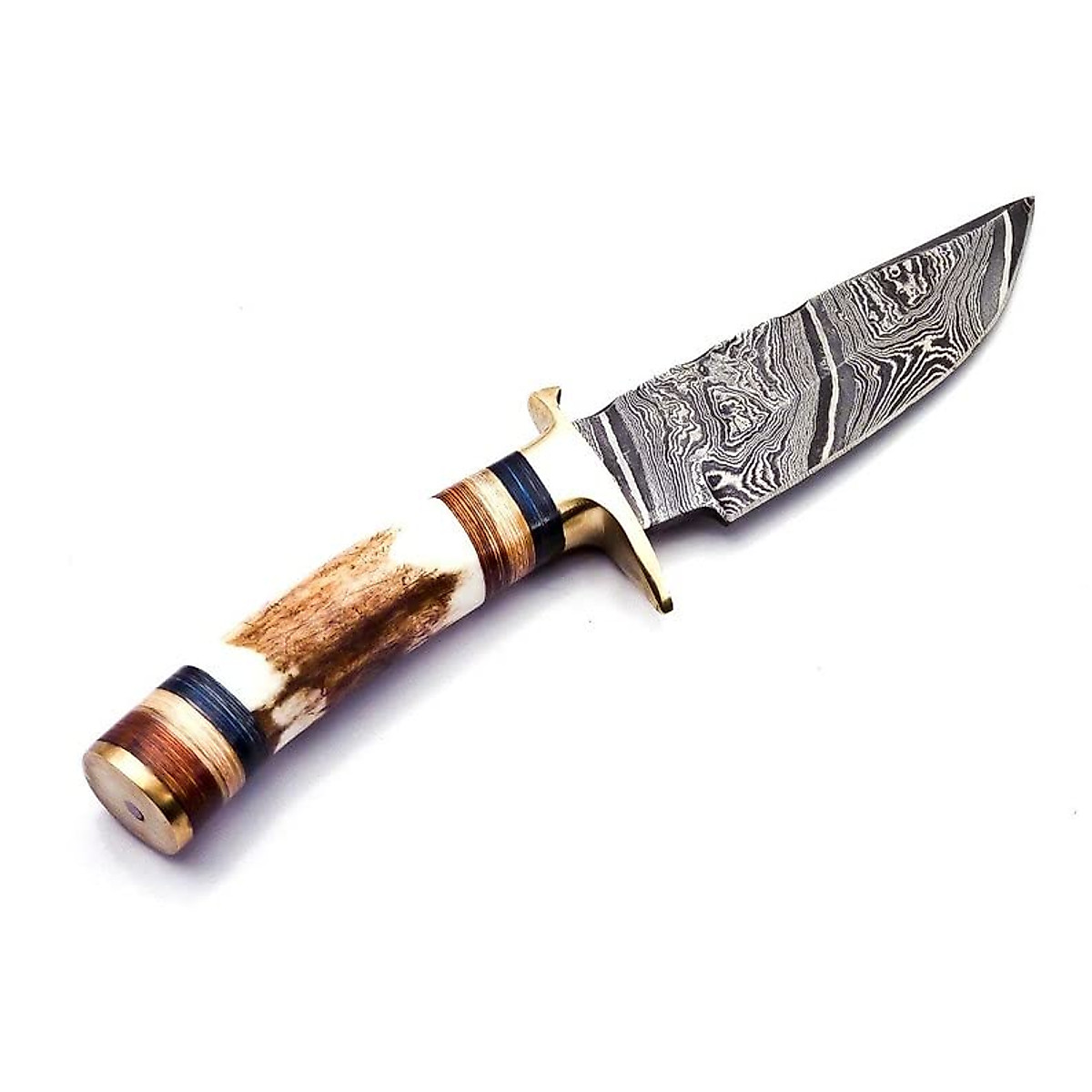 8 inch Handmade Damascus Steel Hunting knife Handle Deer Antler W Leather C. The Handle Color and Gard shape could be different then Pics