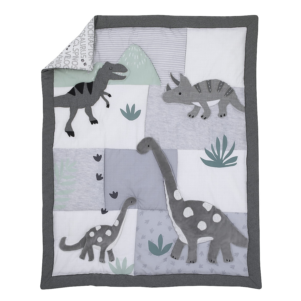 NoJo Baby-Saurus Gray, White, and Green Triceratops, Brontosaurus, and Tyrannosaurus Dinosaurs with Mountains and Leaves 4 Piece Nursery Crib Bedding Set - Comforter, 100% Cotton Fitted Crib Sheet, Crib Skirt, and Storage