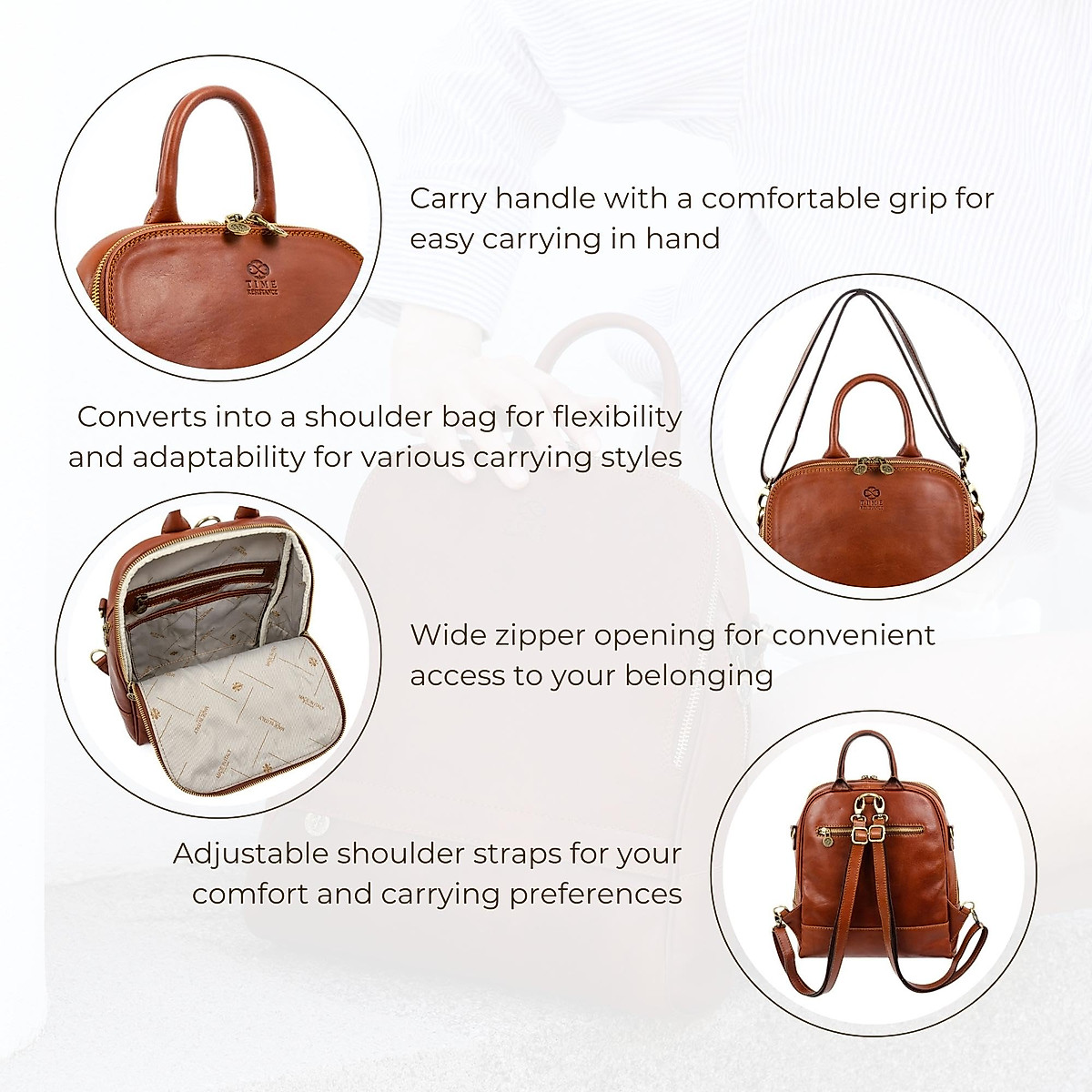 Time Resistance Leather Backpack Convertible to Shoulder Bag Full Grain Real Leather Travel Versatile Bag (Cognac)