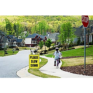 2PC Please Slow Down Signs with Stake, 13"x17" - Double Sided Signs - Corrugated Plastic - Kids Playing Sign for Street - Children at Play Safety Signs