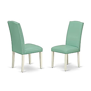 East West Furniture SUEN5-LWH-57 5 Piece Dining Room Table Set Includes a Round Dining Table with Dropleaf & Shelves and 4 Pond Faux Leather Upholstered Chairs, 42x42 Inch, Linen White