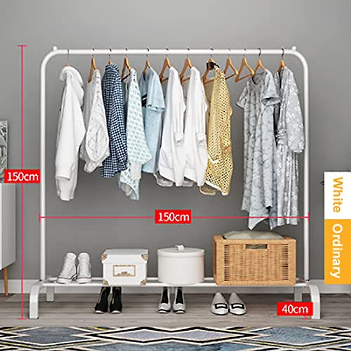 YCWO Metal Clothes Floor Industrial Pipe Storage Retail Display Heavy-Duty Clothing freestanding Storage Clothing Bedroom Multifunctional Closet Coat Hooks Shelves Shoe,White,150x40x150cm