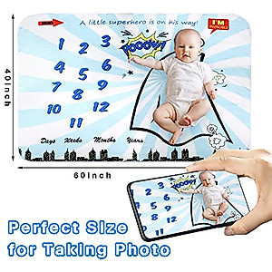 60" X 40" Superhero Baby Milestone Blanket Premium Soft Fleece Infant Month Blanket with Felt Frames Personalized Photography Backdrop Photo Prop Gifts for Newborn Boys Girls