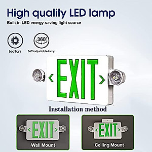 LED Exit Sign with Emergency Light, Green Exit Sign Light with 90 Minute Battery Backup, Green Letter Emergency Exit Sign Light with Two Adjustable Heads, AC 120-277V, UL Listed (6-Pack, Green)