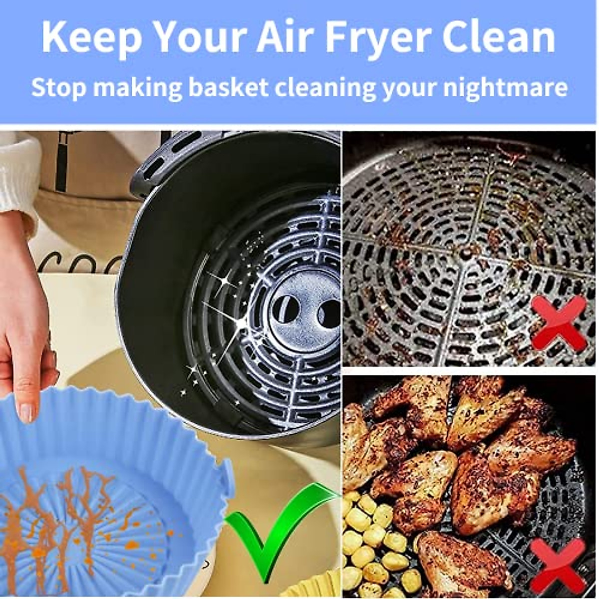 Air Fryer Silicone Liners 8 Inch, 2 Pack Air Fryer Accessories for Ninja Air Fryer Liners Reusable with Handle, Basket for 5 QT 6QT 7 QT, Red & Blue