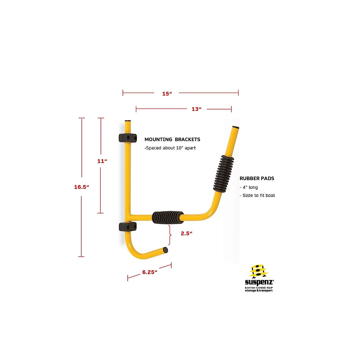 Suspenz Kayak Folding Storage Rack, Wall Hangers, Hooks, Indoor & Outdoor Use, Weight Capacity 75 lbs, Yellow, (12-8601)