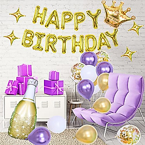 Purple Gold Birthday Decorations for Women Girls, Gold Happy Birthday Banner 13th 16th 18th 21st 30th 40th 50th 60th Birthday Party Decorations, Champagne Purple Gold & White Balloon Arch Kit