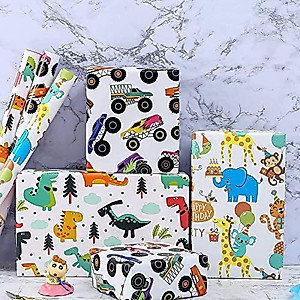 BULKYTREE Birthday Wrapping Paper for Boys Kids, Recycled Gift Wrapping Paper, Happy Animals, Cute Dinosaur, Monster Truck Gift Wrap for Birthday Baby Shower and Holiday - 3 Pack, 18 x 120 Inch Per Roll