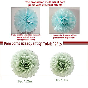 Dusty Sage Green Tissue Paper Pom Poms 12Pcs- Hanging Paper Flowers for Botanical Neutral Bridal Shower Wedding Birthday Graduations Christmas and Special Occasions(10 & 12 inch)