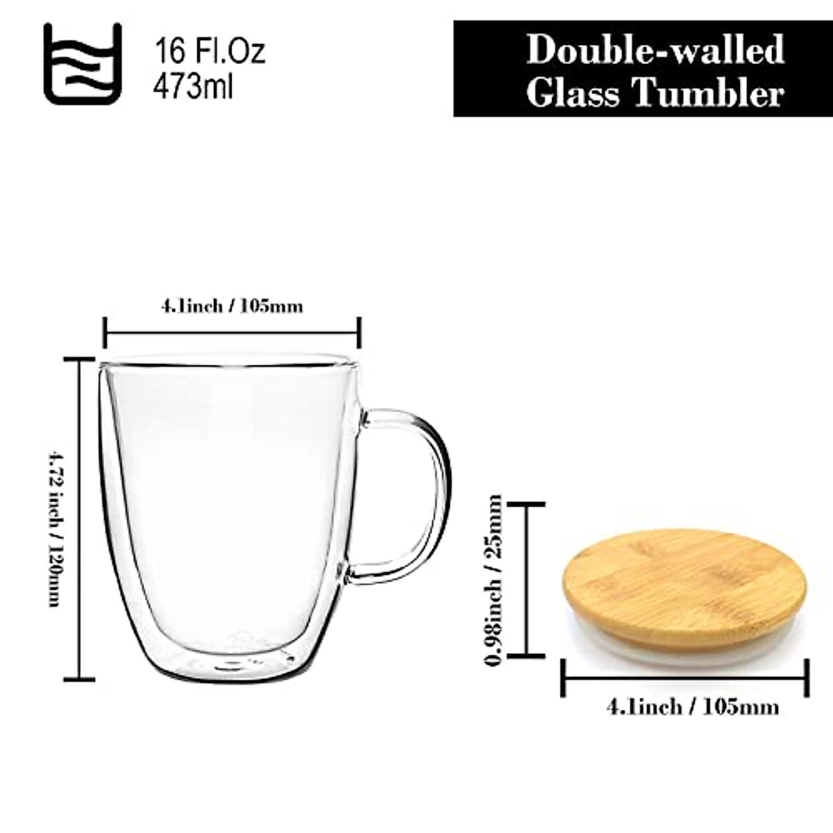ZHMTang Glass Coffee Mug Double-walled Borosilicate Glass Cup for Hot or Iced Coffee, Milk, Tea (16 Oz Bamboo Lid)