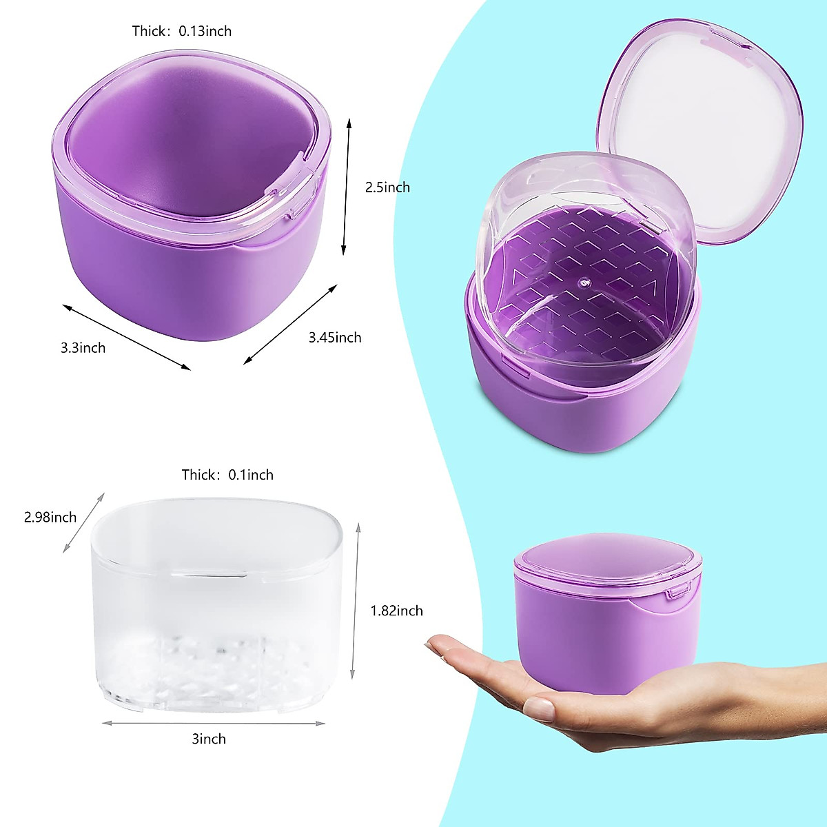 Uouovo Upgraded Denture Bath Box Cup, No-Leak Denture case, Retainer Cleaning Box, Complete Clean Care for Dentures, Clear Braces, Mouth Guard, Night Guard & Retainers (purple)