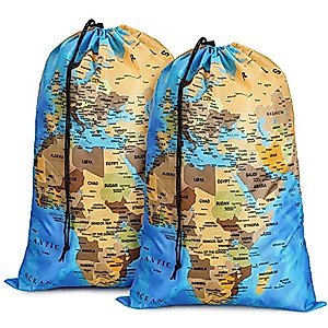Laundry Bag 2 Pieces 22 x 16 Inch World Map Travel Laundry Bags Heavy Duty Big Laundry Bag Drawstring Travel Organizer Bag Dirty Clothes Organizer Bag for Traveling