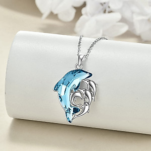 POPKIMI Dolphin Gifts for Women 925 Sterling Silver Dolphin Necklace Dolphin Mother and 1 Children2 Children3 Children4 Children Dolphins Necklace Pendant with Blue Dolphin Crystal Jewelry Beach