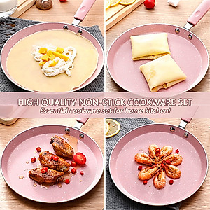 JUSTUP Nonstick Frying Pan Set，3 Piece Pots and Pans Set Nonstick，Pink Kitchen Cookware Sets with Non Stick Pan Coating,10 Inch,8 Inch and 6 Inch Non Stick Cooking Set Suitable for All Stoves (Pink)