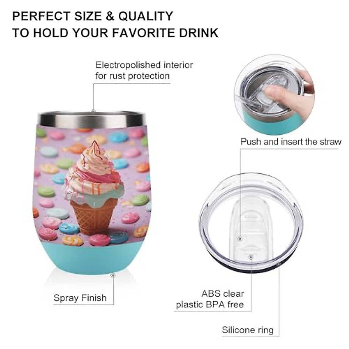 WYUSPGK 304 Stainless Steel Insulated Cup, Many Colored Ice Cream Print Smooth Rim, Durable & Reusable - Perfect for Office, Home, And Travel