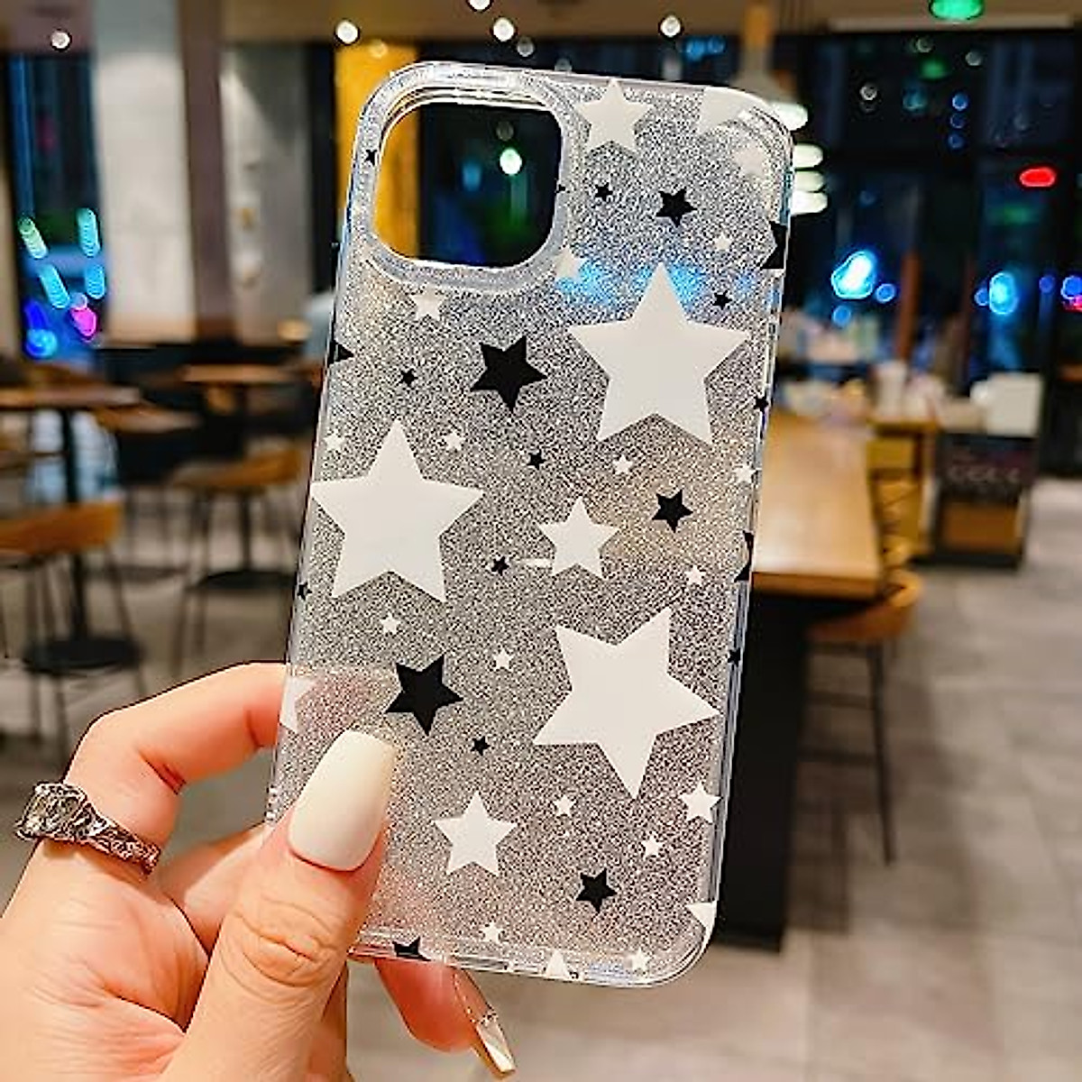 HYUEKOKO Compatible with iPhone 13 Case Bling Glitter White Black Stars Case for Women Girls, Slim Hard Back Clear Phone Case Cover for iPhone 13 6.1''