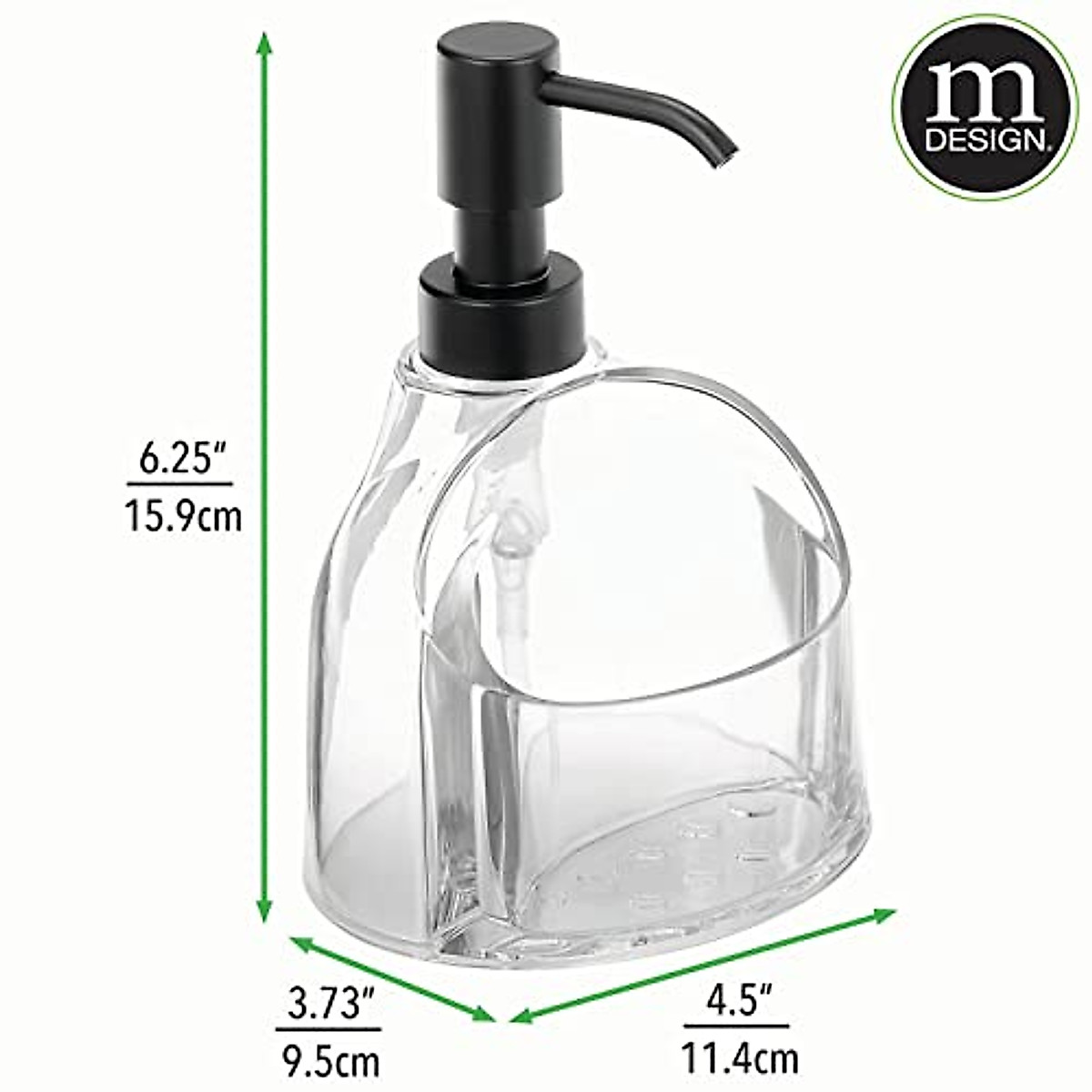 mDesign Modern Plastic Kitchen Sink Countertop Liquid Hand Soap Dispenser Pump Bottle Caddy with Storage Compartment - Holds and Stores Sponges, Scrubbers and Brushes - Clear/Black