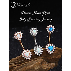 OUFER 14G Belly Button Rings, 316L Surgical Steel Belly Rings, Double Heart Cubic Zircon Filigree Opal Navel Rings Belly Piercing Jewelry For Women And Men-Blue